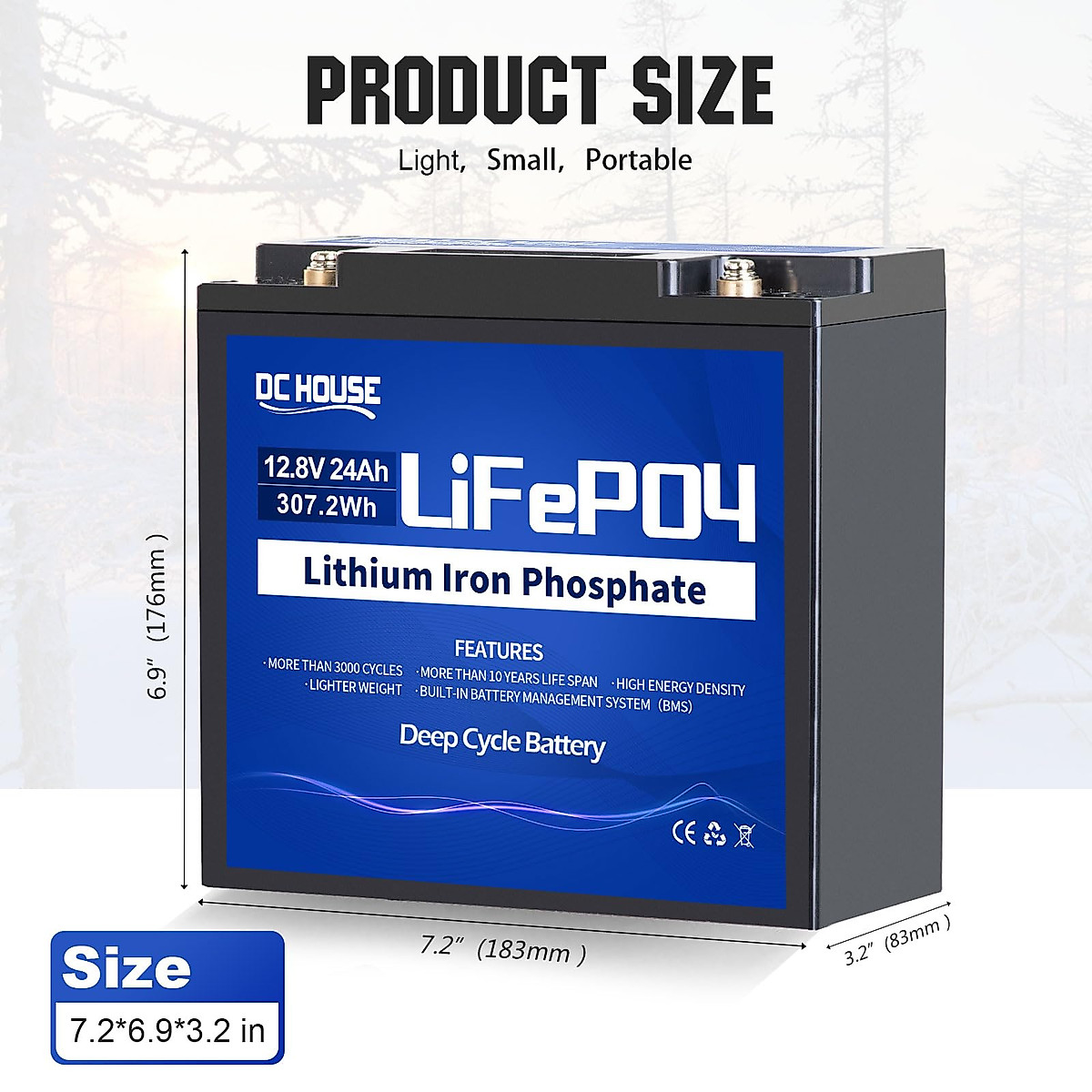 DC HOUSE 12V 24Ah Lithium Battery, 24Ah LiFePO4 Deep Cycle Battery, 3000+ Cycles, Built-in Smart BMS, Perfect for Fish Finder, Scooter, Trolling Motor, Lighting, Kids Ride on Car