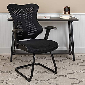 Flash Furniture Kale Designer Black Mesh Sled Base Side Reception Chair with Adjustable Arms