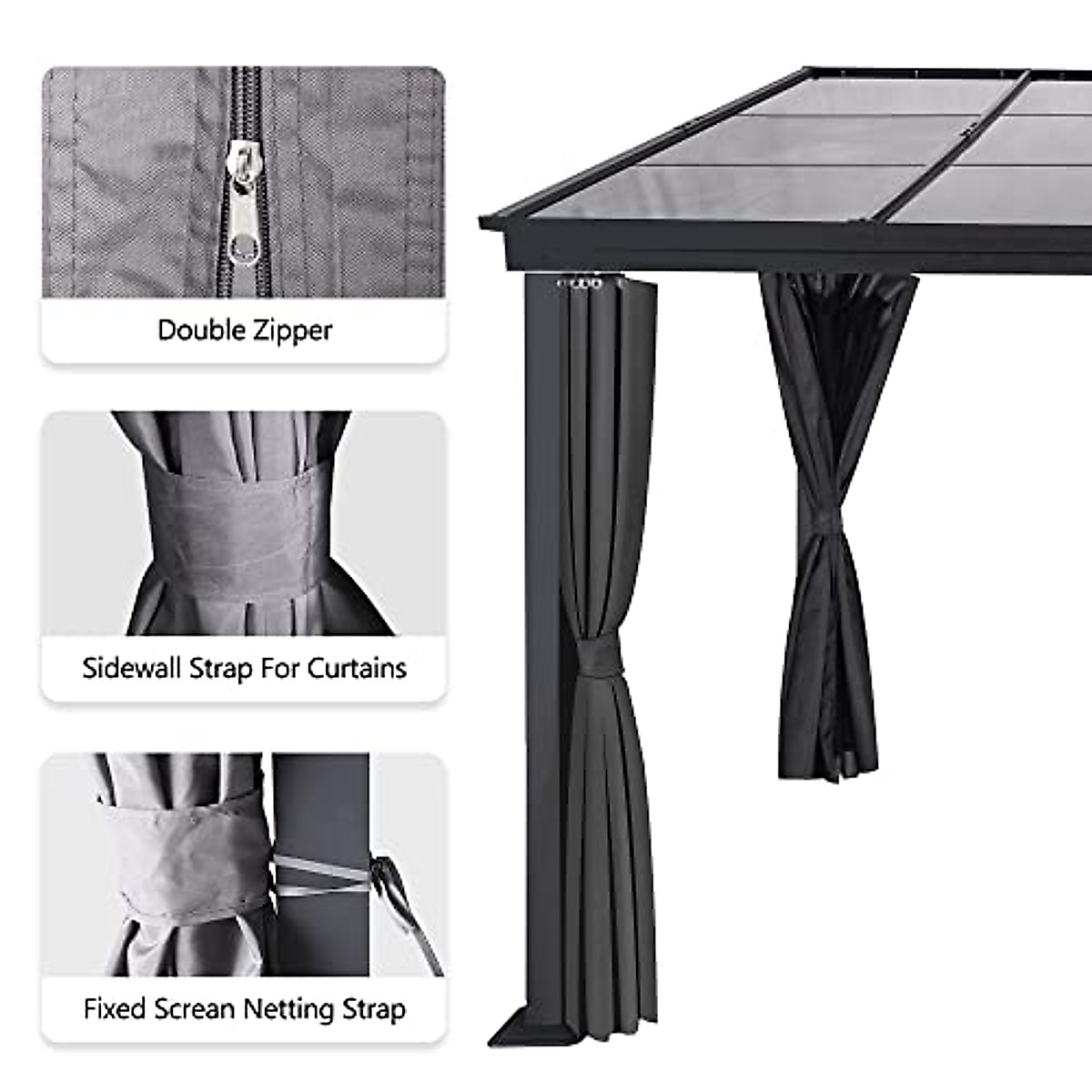 GARTOO 10' x 13' Outdoor Hardtop Gazebo, Wall-Mounted Aluminum Frame Pergola Sunroom with Sloping Polycarbonate Roof & Double Curtains for Garden, Lawn, Outdoor Party, Backyard Deck1