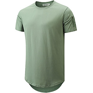 KLIEGOU Mens 100% Cotton Hipster Hip Hop Crewneck T-Shirt with Zip Pocket (TS216 Light Green, Large)