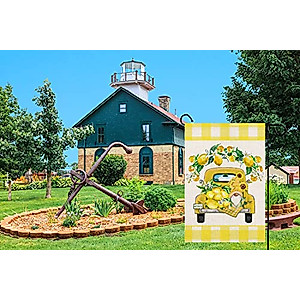 Yameeta Hello Summer Lemon Garden Flag 12.5x18 Inch Buffalo Yellow Truck with Lemons Gnome Sunflower Floral Farmhouse Decoration Double Sided Burlap Yard Lawn Outdoor Banner Flag