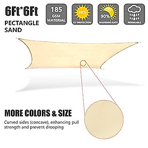 Sun Shade Sail with Waterproof PU Coating 95% UV Blockage Water & Air Permeable 6x6 Ft Outdoor Rectangle Canopy with Side Keyhole Design Suitable for Patio Backyard Lawn Garden Outdoor Activities