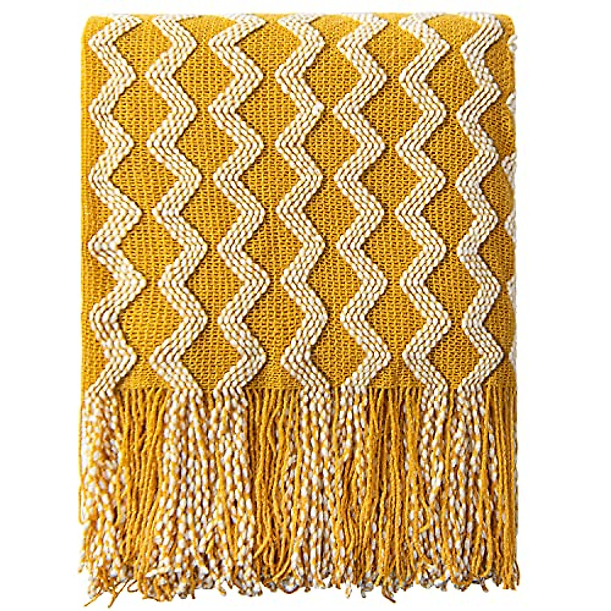 NTBAY Acrylic Knitted Throw Blanket, Lightweight and Soft Cozy Decorative Woven Blanket with Tassels for Travel, Couch, Bed, Sofa, 51x67 Inches, Mustard Yellow Wave