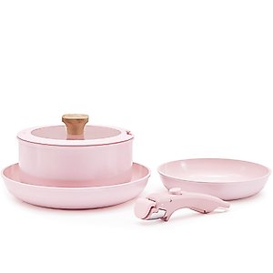 Hausfrau pink pots and pans set removable handle non stick, detachable handle ceramic cookware set kitchen cooking oven dishwasher safe, NO PFAS NO PTFE
