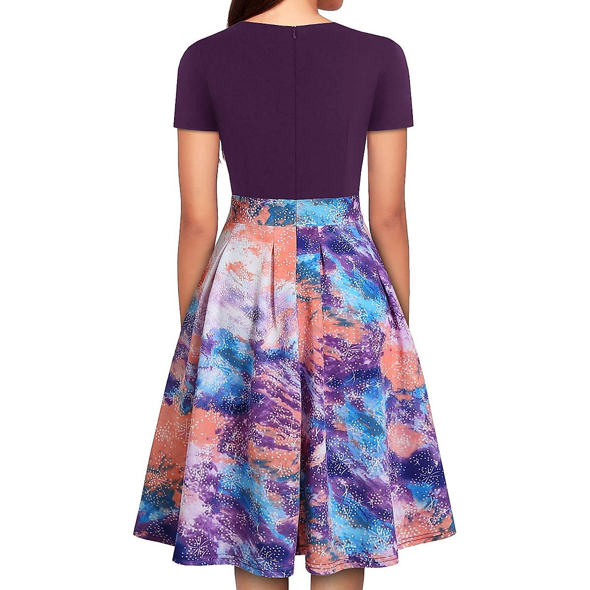 YATHON Women's Vintage Floral Flared A-Line Swing Casual Party Dresses with Pockets (M, YT018-Purple ZR)