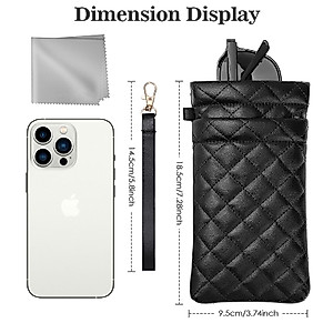 MoKo Double Eyeglasses Pouch with Carrying Strap, Soft PU Leather Large Squeeze Top Portable Sunglass Case with Cleaning Cloth for Women Men, Black