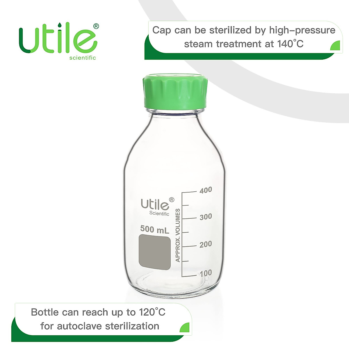 Utile Media Bottle, 3.3 Borosilicate Glass Bottles with GL45 Screw Caps, 4pcs of 500ml(16.9oz) Lab Media Bottles, PP Material Media Storage Bottle, 4038.0500.4