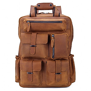 Full Grain Cowhide Leather Multi Pockets 16 Inch Laptop Backpack Travel Bag (Dark Brown(Updated Version))