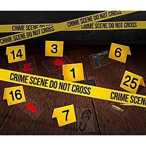 Crime Scene Decorations Kit, Crime Mystery Dinner Party Game Supplies, Includes Crime Scene Tape, 25 Yellow Evidence Markers, 25 Crime Object Cards