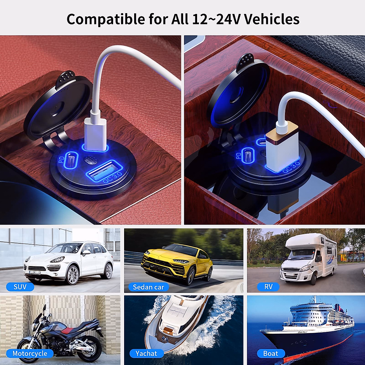 KEWIG 2Pcs 12V USB Outlet Quick Charge 3.0 USB Charger Sockets & Dual PD Type - C Ports, USB Cigartte Lighter Socket with ON/Off Switch DIY Kit, Waterproof Car Charger for Car Boat Marine RV ATV,Golf