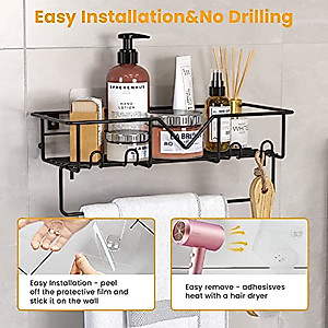 FELOOW Shower Shelf Organizer with Soap Holder Towel Bar,3 Pack No Drilling Traceless Adhesive Bathroom Storage Basket,SUS304 Stainless Steel Wall Mounted Rack for Bathroom Kitchen (Black-3Pack)