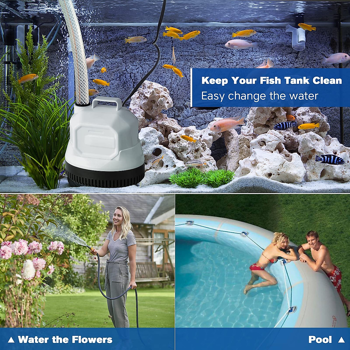 XJX Pool Cover Pump Above Ground, 850 GPH Submersible Water Pump with 16 Ft Drainage Hose Sump Pump Submersible with 30 Ft Power Cord, 4 Adapter