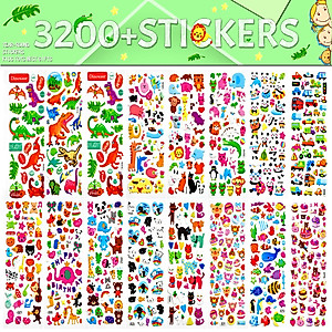 Stickers for Kids, 3D Puffy Stickers, 64 Different Sheets, 3200+ Cute Stickers, Including Animals, Cars, Airplane, Food, Letters, Flowers, Pets, Cakes and Tons More