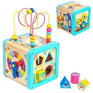 Pidoko Kids Baby Shark Toys - Wooden Activity Cube for Toddlers 1-3 | Baby Activity Cube, Bead Maze, Shape Sorter Blocks - First 1st Birthday Gift for Boys Girls - Wooden Toys for 1 Year Old Gifts