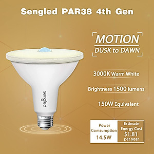 Sengled Outdoor Flood Light Bulbs Motion Activated, Motion Sensor Light Bulbs, PAR38 Led Porch Lights with Dusk to Dawn Sensor, Waterproof, 3000K Warm White, 1500LM, 4 Pack