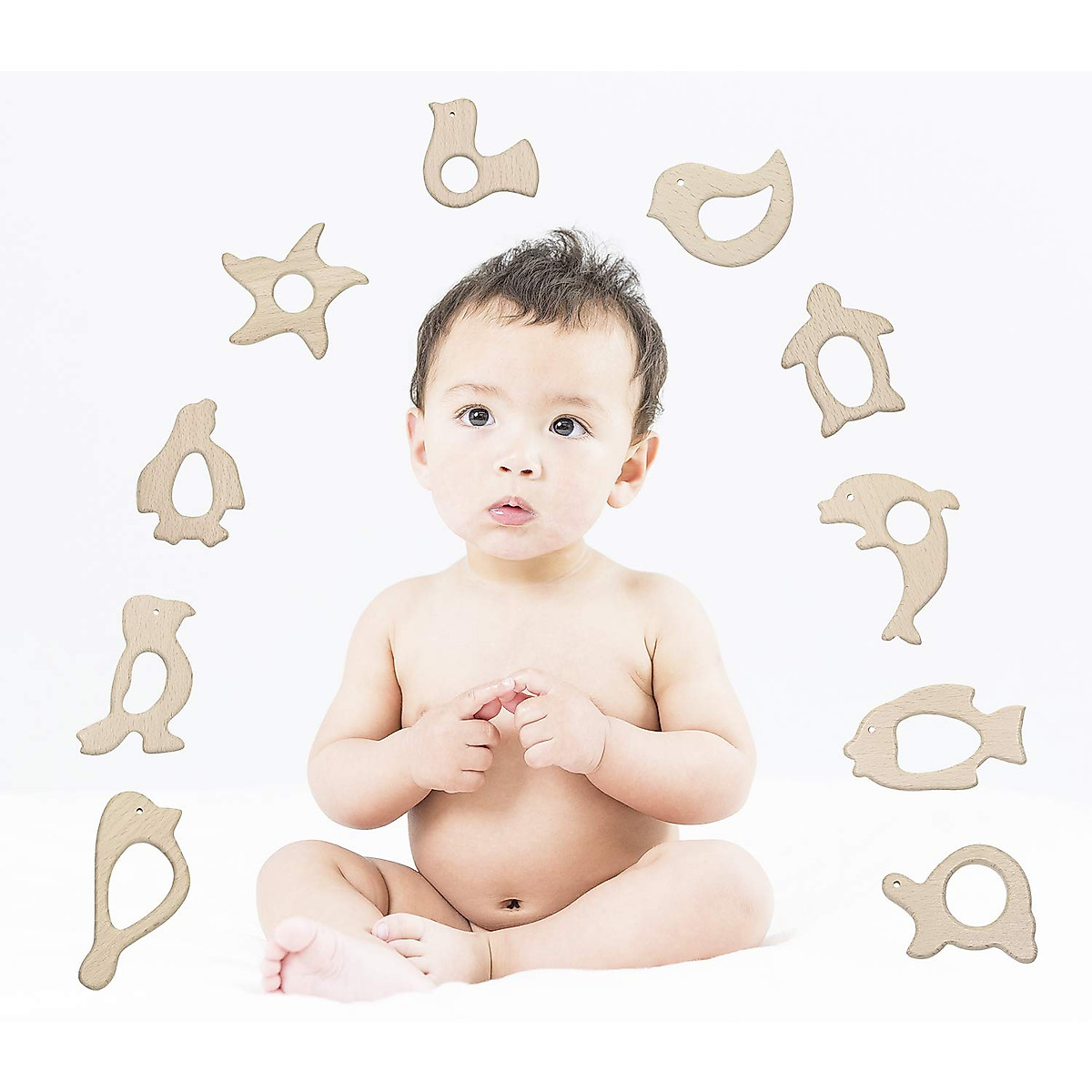 Penta Angel 10Pcs Wood Teething Rings Pain Relief Natural Wood Teething Toys Wooden Teether Animals for Infant Toddler, Turtles Swallows Dolphins Starfish Pigeons Birds Woodpeckers Fish Turtle