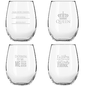 Funny Stemless Wine Glasses Set of 4 (15 oz)- Funny Novelty Wine Glassware Gift for Women- Party, Event, Hosting Fun- Wine Lover Wine Glass with Funny Sayings