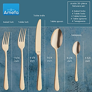 Amefa Austin 20-piece Premium 18/0 Stainless Steel Flatware Set, Satin Golden Finish, Silverware Set Service for 4, Dishwasher Safe, Rust Resistant Cutlery (Gold)