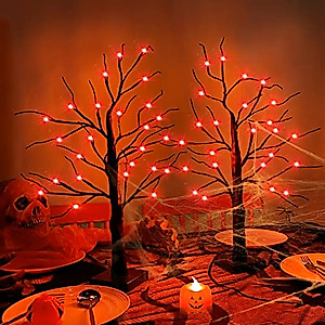 TURNMEON 2 Pack 24 Inch Halloween Birches Tree Decorations with Timer Total 48 LED Orange Lights Battery Powered Tabletop Artificial Black Spooky Tree for Halloween Decorations Indoor Home Decor
