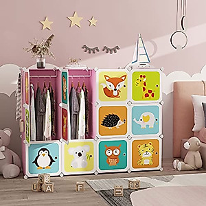 C&AHOME Kids Toy Cartoon Cube Storage Organizer with Doors, 12-Cube Shelves, Closet Cabinet, DIY Plastic Modular Bookshelf Ideal for Bedroom, Living Room, 42”L x 14”W x 56”H Pink UPCS3512P-DOOR