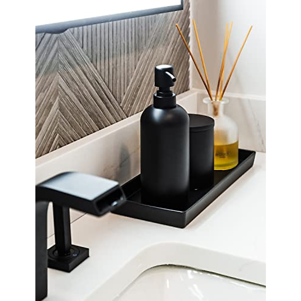 Jo Lavie Matte Black Bathroom Accessory Set 4 Pcs & Rectangle Vanity Tray, BathroomOrganizer Soap Dispenser Apothecary Jar Toothbrush Holder Toothbrush Cup Bathtub Tray Bathroom Organizer