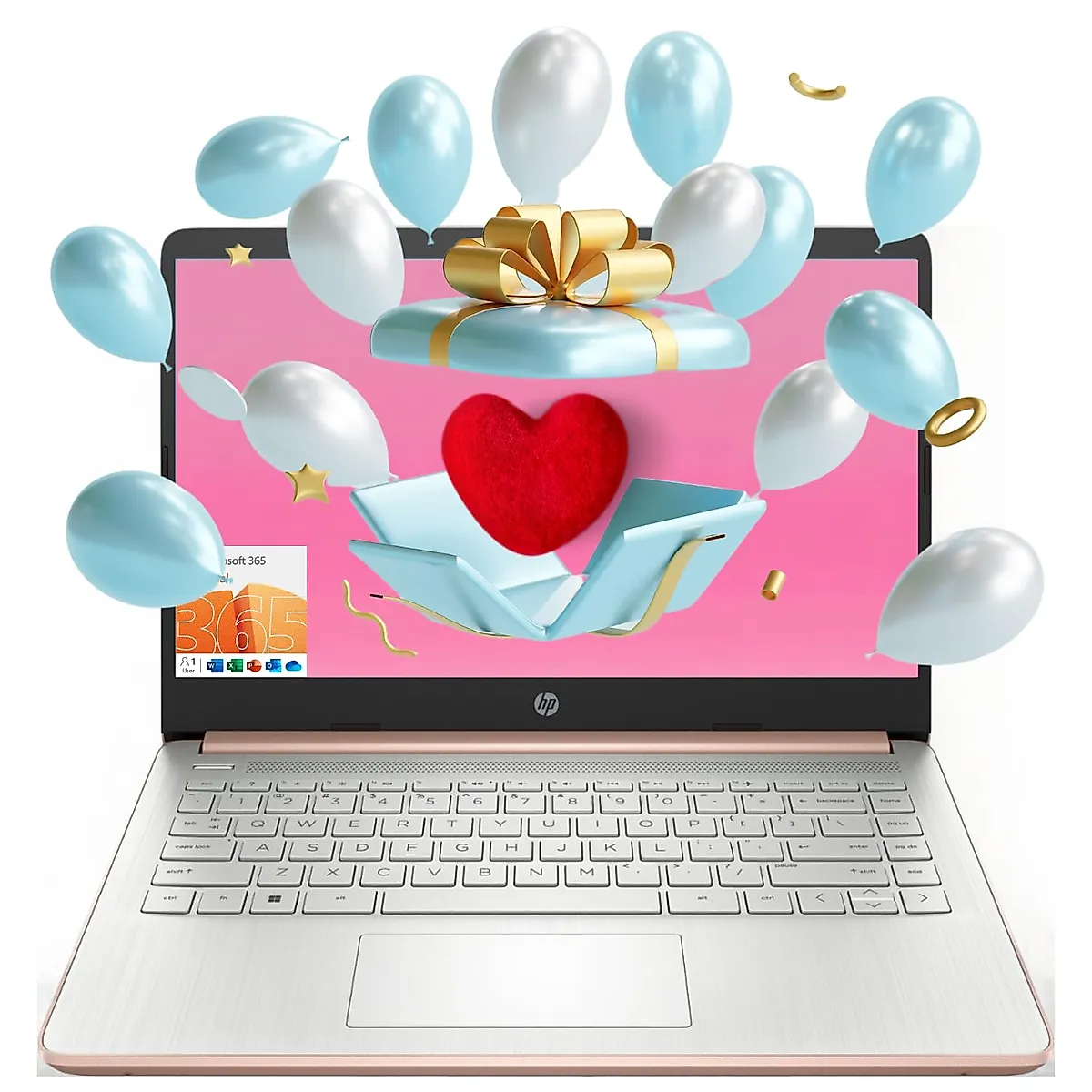 HP Essential Laptop, 14" HD Display, Intel Celeron N4120, 8GB RAM, 64GB eMMC, Webcam, HDMI, Wi-Fi, RJ-45, 1 Year Office 365, Windows 11 Home, Rose Gold