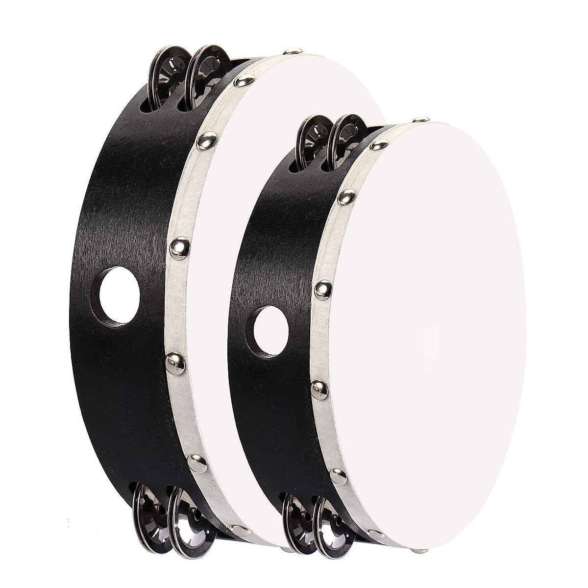 Foraineam 2 Pieces (8 Inch and 10 Inch) Wood Handheld Tambourine, Double Row Metal Jingle Bells Wooden Tambourine Drum Musical Percussion Instrument