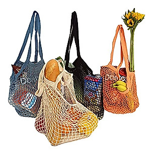Reusable Long Handle Grocery Bags, Fruit and Vegetable Shoulder Bag, Washable Cotton Mesh String Organizer Shopping Handbags