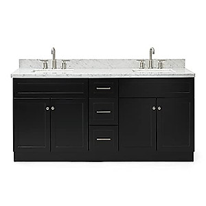 ARIEL 73" Black Double Vanity, 1.5" Edge Italian Carrara Marble Countertop & Splash, Rectangular Sink, 4 Soft Closing Doors, 3 Full Extension Dovetail Drawers, Built in Toe Kick, Brushed Nickel