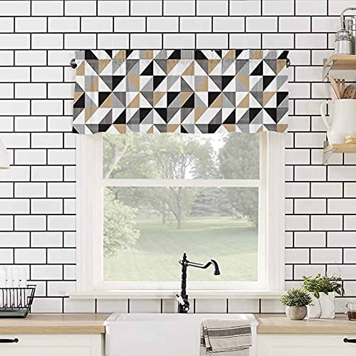 SIGOUYI Kitchen Valances for Windows, Simple Black and White Gold Triangle Pattern Kitchen Curtains, Kitchen Decor Short Curtains Rod Pocket Small Window Curtains, 54"x18" Bathroom Curtains Window