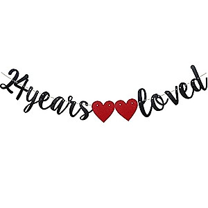24 Years Loved Banner Black Paper Glitter Party Decorations For 24TH Birthday Decorations 24TH Wedding Anniversary Day Party Supplies Letters Black ZHAOFEIHN