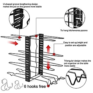Devan Pots and Pans Organizer Adjustable 8+ Pots and Pans Oragnizer, Kitchen Counter and Cabinet Pot Lid Holder with 3 DIY Methods (6 Hooks Included)