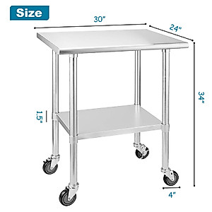 YBLFDY 24x30 Stainless Steel Table with Wheels and Adjustable Feet for Home Kitchen NSF Stainless Steel Prep Table,Metal Table with Undershelf for Garden