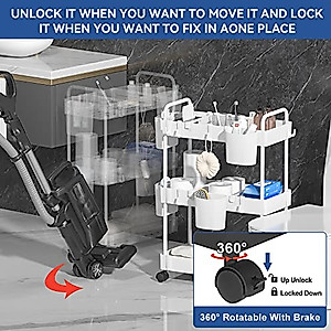 VANDHOME 3-Tier Storage Rolling Cart Slide Out Storage Rolling Utility Cart, Mobile Shelving Unit Storage Shelves Multifunctional Organizer Slide Out Trolley Cart for Kitchen Bathroom - White