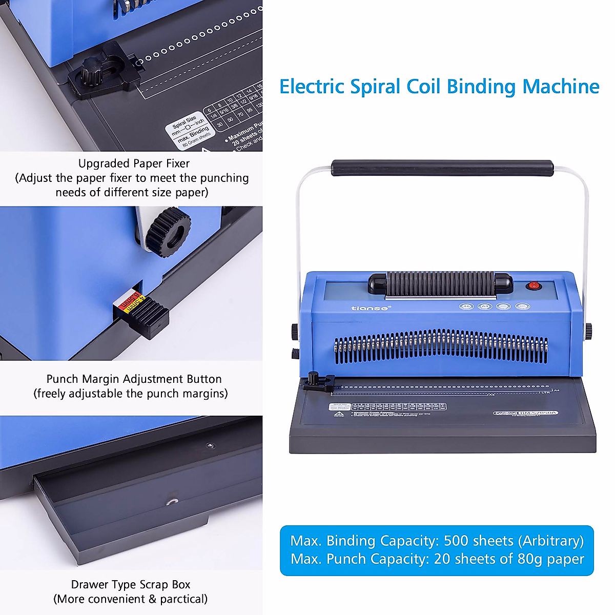 TIANSE Spiral Coil Binding Machine, Manual Book Maker Punch Binder with Electric Coil Inserter, Disengaging pins, Adjustable Side Margin, Comes with 100pcs 5/16'' Plastic Coil Binding Spines & Plier