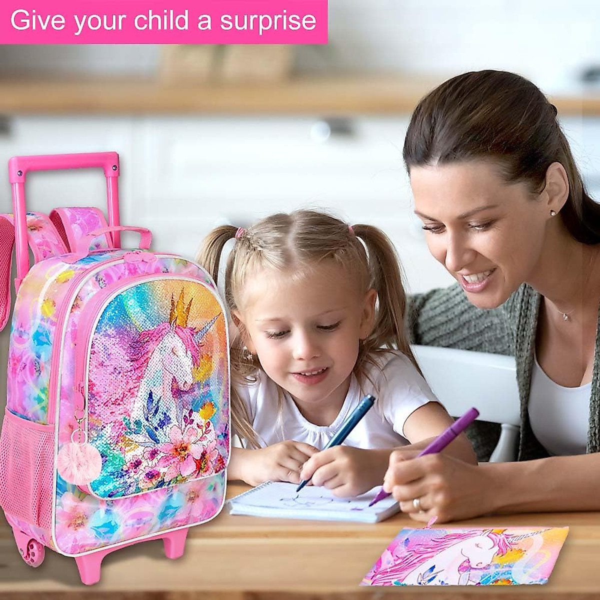 4PCS Rolling Backpack for Girls,Kids Unicorn Bookbag with Roller Wheels, Suitcase School Bag Set for Toddler Elementary