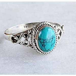 Koguxuix Fashion Genuine Women's 925 Sterling Silver Ring Oval Cut Natural Bohemia Turquoise Jewelry Birthday Proposal Hollow Engagement Party Band Rings Size 6-10 (6)