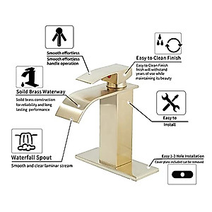 Brushed Gold Bathroom Faucet GGStudy Waterfall Bathroom Sink Faucet Deck Mount Single Handle One Hole Bathroom Vanity Faucet with Pop Up Drain