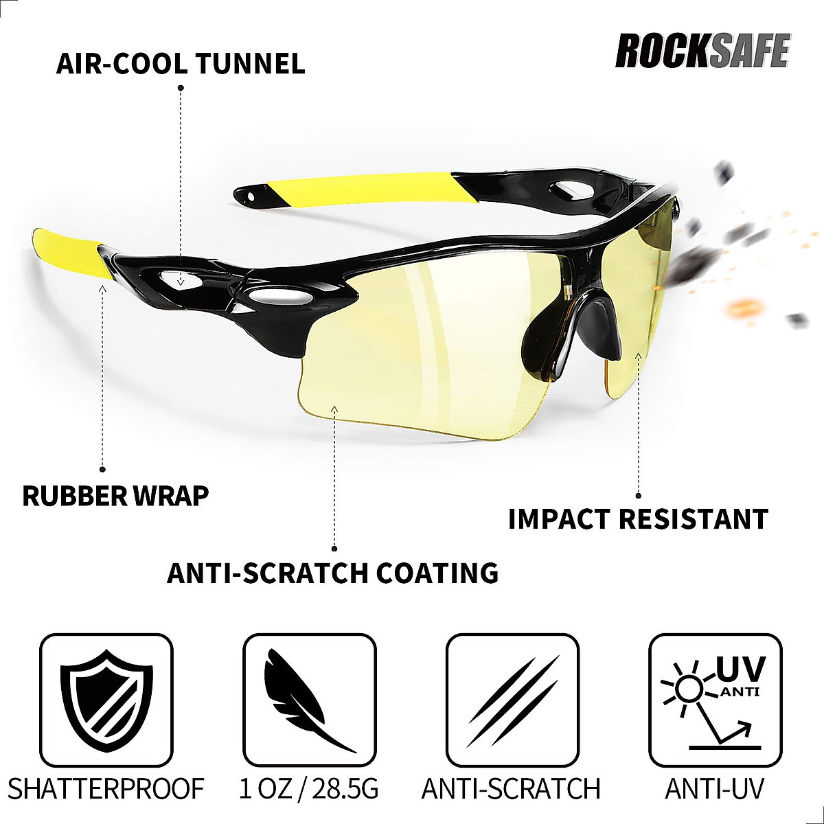ROCKSAFE Safety Glasses (Clear) Polycarbonate Impact & Scratch Resistant, Wrap-Around UV-Block Protective Eyewear [8-Pack]