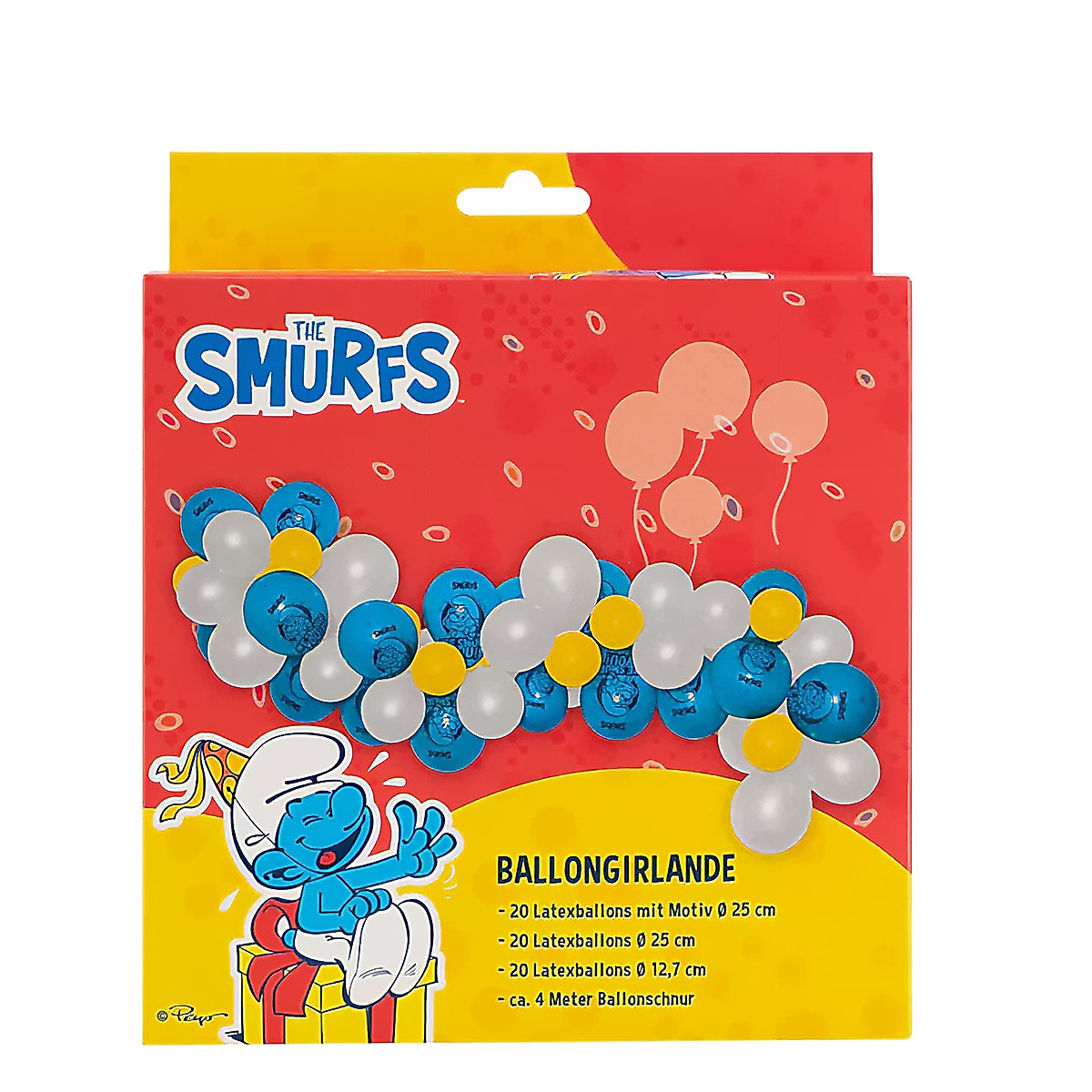 Party Factory `Smurfs' balloon garland of 60 white, blue and yellow latex balloons, 9.8 and 4.7 inch, 157.4 inch balloon ribbon included