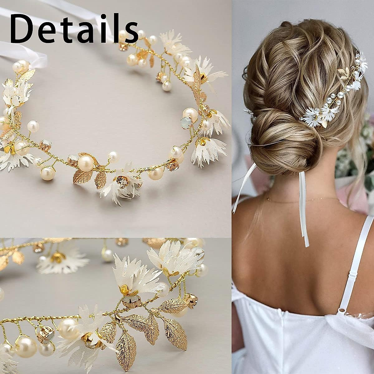 2 Pieces Bridal Hair Vines Flower Wedding Headband Princess Hair Accessories Crystal Pearls Headpiece Elegant Head bands for Bridesmaid and Flower Girls (Gold)…