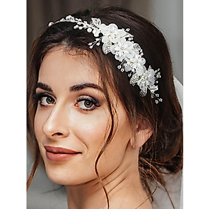 SWEETV Flower Bridal Headbands Ivory-Wedding Headpieces Hair Bands Jewelry Hair Accessories for Women Brides