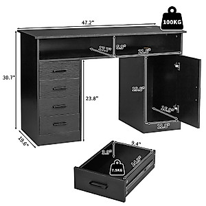 Karl home MDF Computer Desk with 4 Drawers and A Storage Cabinet, Home Office Desk Writing Desk with 2 Storage Compartments, Black Office Table for Bedroom Small Spaces