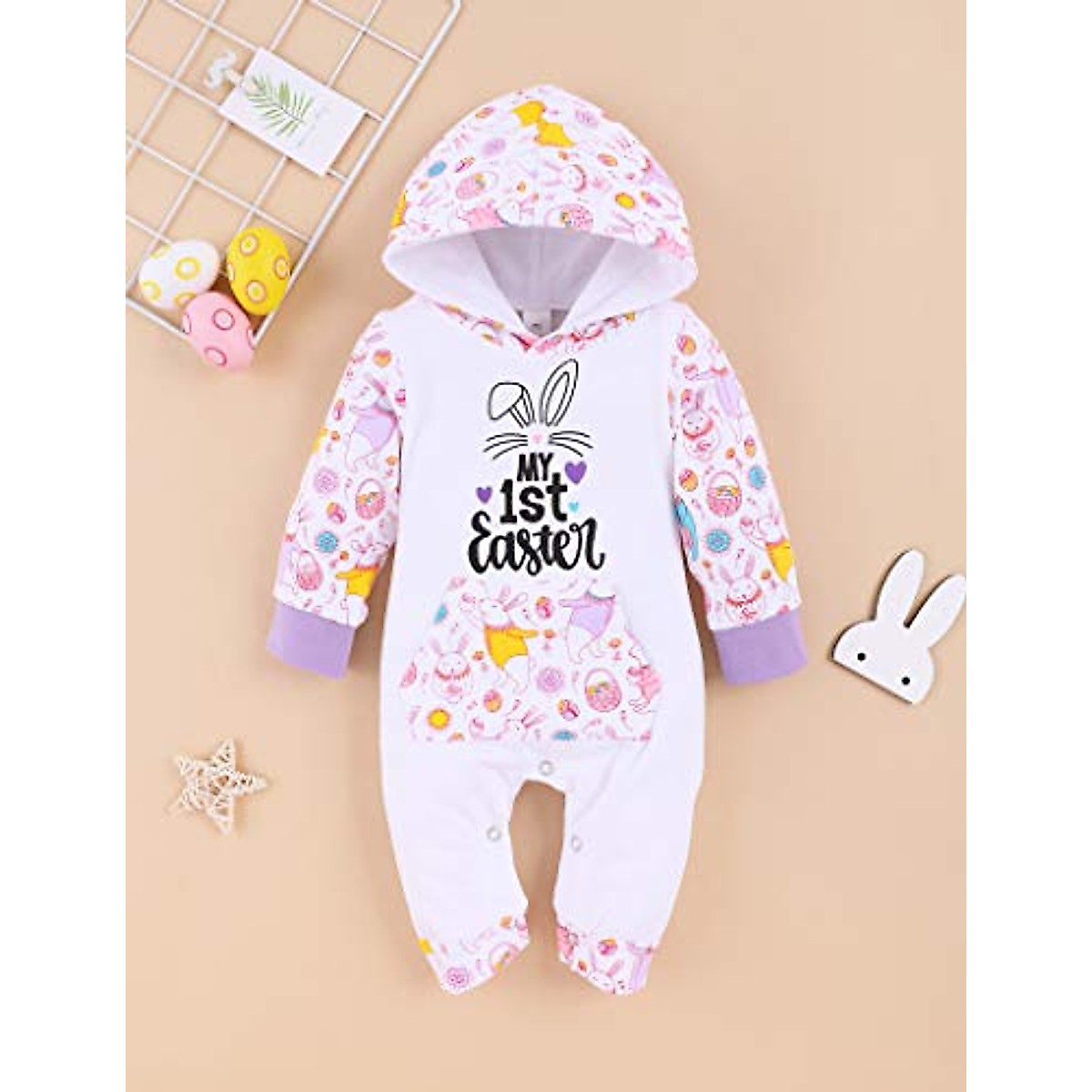 WALSONER Newborn My First Easter Outfit Baby Girl Hoodie Romper Bodysuit Jumpsuit Clothes Newborn White
