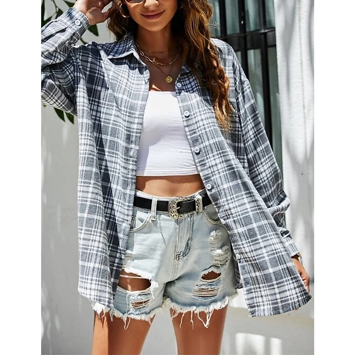 Oulivey Plaid Flannel Shirts for Women Oversized Button Down Long Sleeve Buffalo Shirts Blouse Tops(0003-Grey-M)