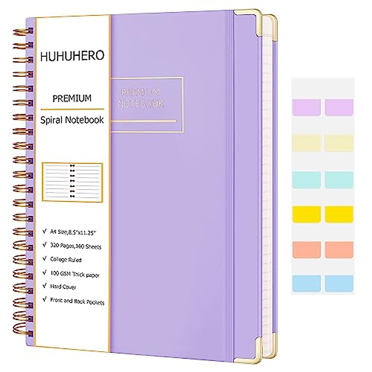 Huhuhero Spiral Notebook, 8.5" x 11" Notebook Journal College Ruled, 320 Pages Aesthetic A4 Hardcover Lined Journal for Women Men Office Work Writing, 24pcs Index Tabs, School Supplies, Light Purple
