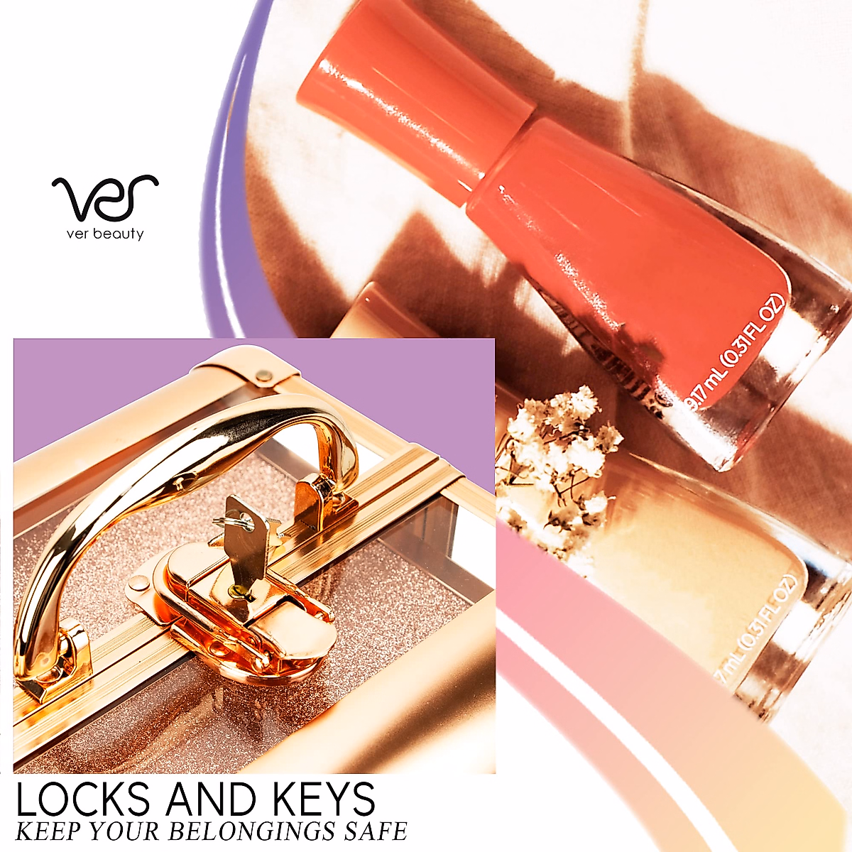 Ver Beauty Makeup Box Cosmetic Train Case with Clear Armored Acrylic Jewelry Organizer with 2 Tiers Trays and Mirror Lockable Portable Travel Cosmetic Display Aluminum Case (Rose Gold Diamond)