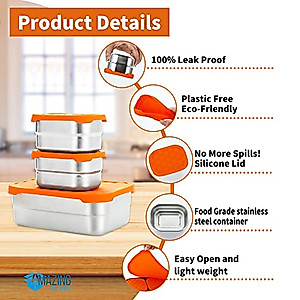 Amazing Containers | Stainless Steel Food Containers with Lids Set of 3 (28 oz, 8 oz, 8 oz) - Steel Lunch Container for Kids - Metal Snack Container Leakproof Lunch Box Sandwich Containers