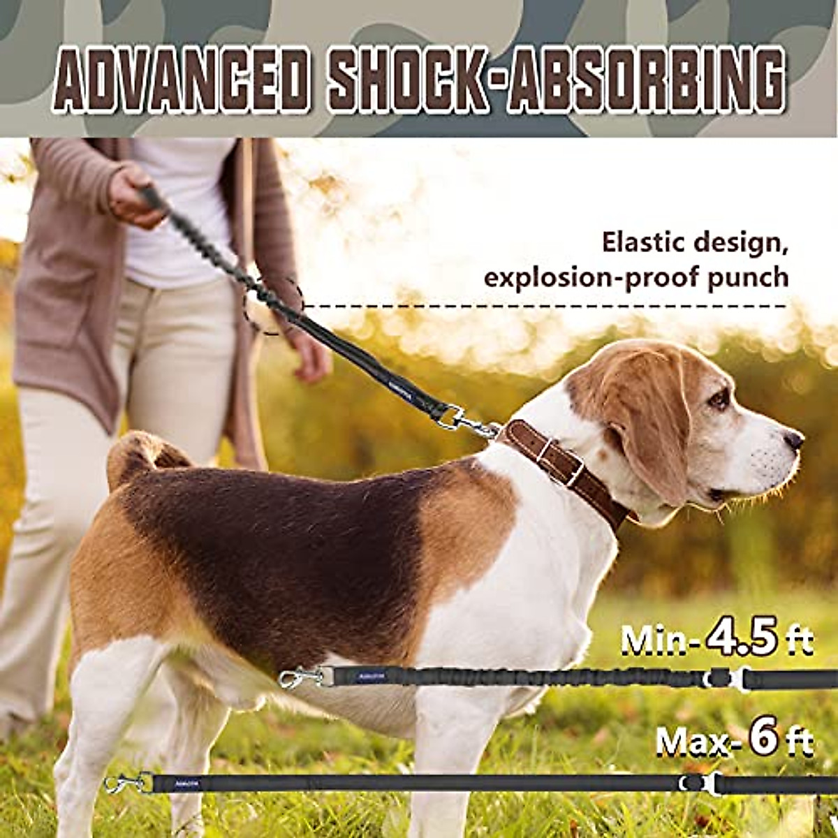 AUROTH Dog Leash Large Dogs, Heavy Duty Dog Leash Bungee, No Pull Dog Leash for Shock Absorption, Black Dog Training Leashes for Medium Large Breed Dogs 6FT, 2 Padded Handles