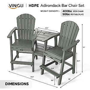 VINGLI Tall Adirondack Chairs Set of 2 with Removable Double Connecting Trays, HDPE Adirondack Bar Stools Poly Deck Chairs, 350LBS Capacity (Grey)